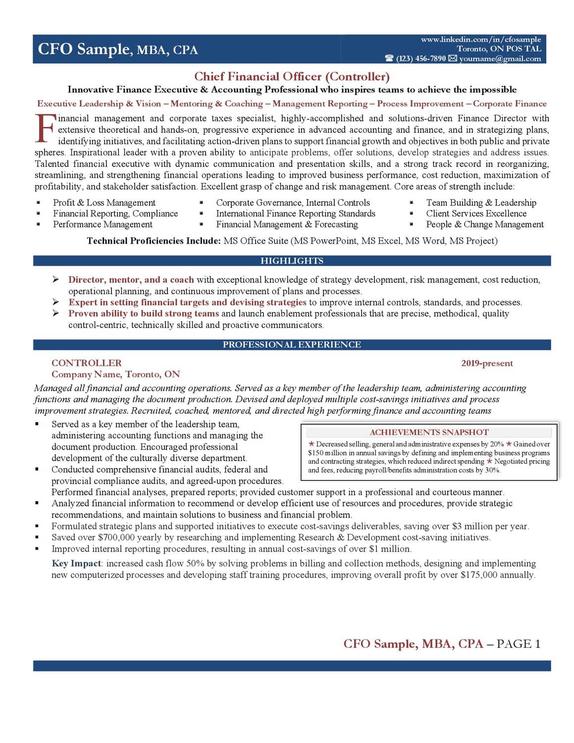 Sample Chief Financial Officer Resume Concept